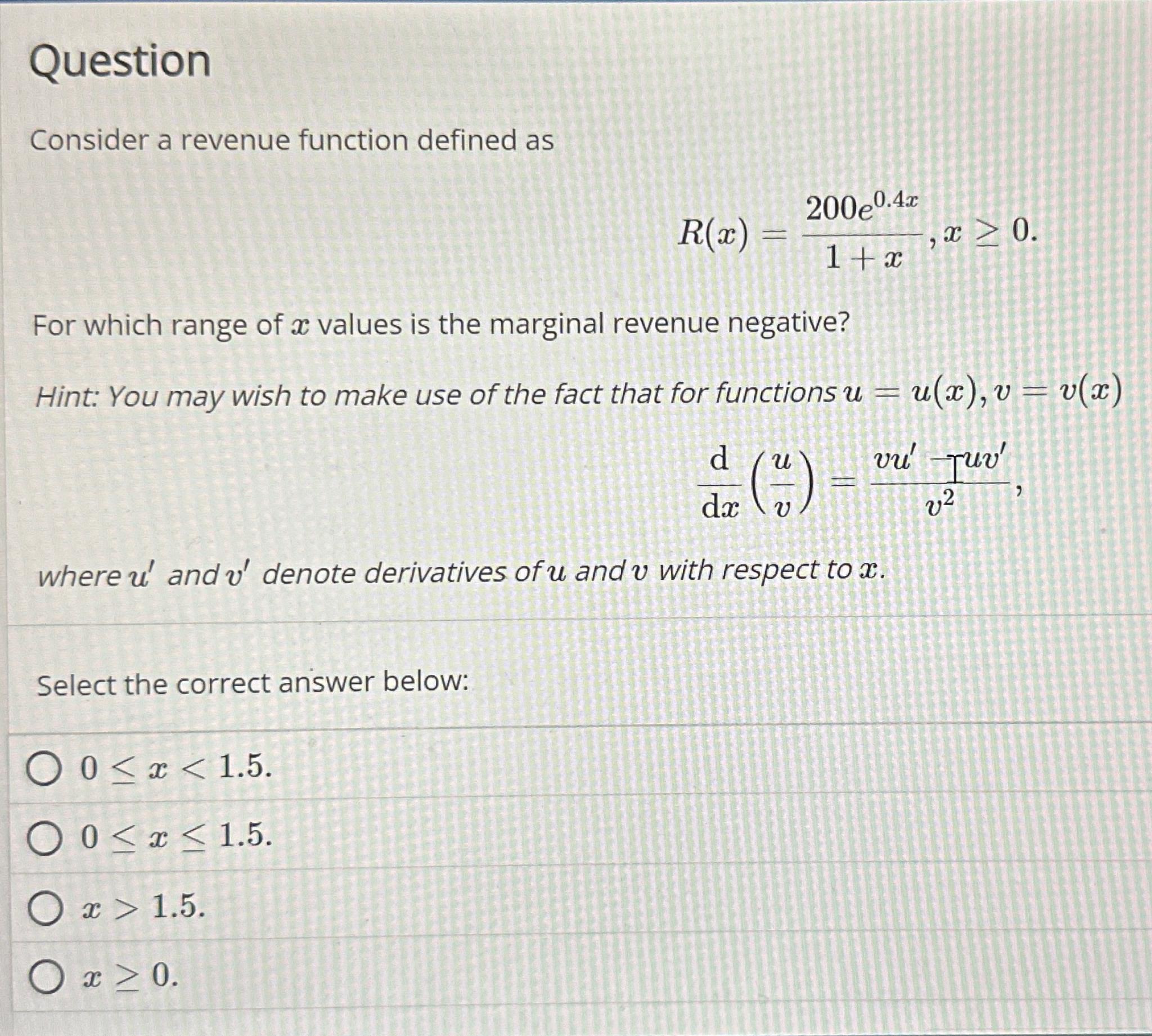 Solved QuestionConsider a revenue function defined | Chegg.com