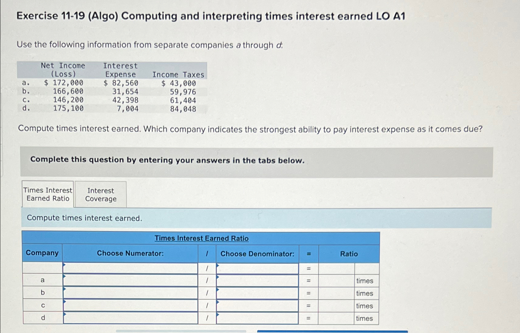Solved Exercise 11-19 (Algo) ﻿Computing and interpreting | Chegg.com