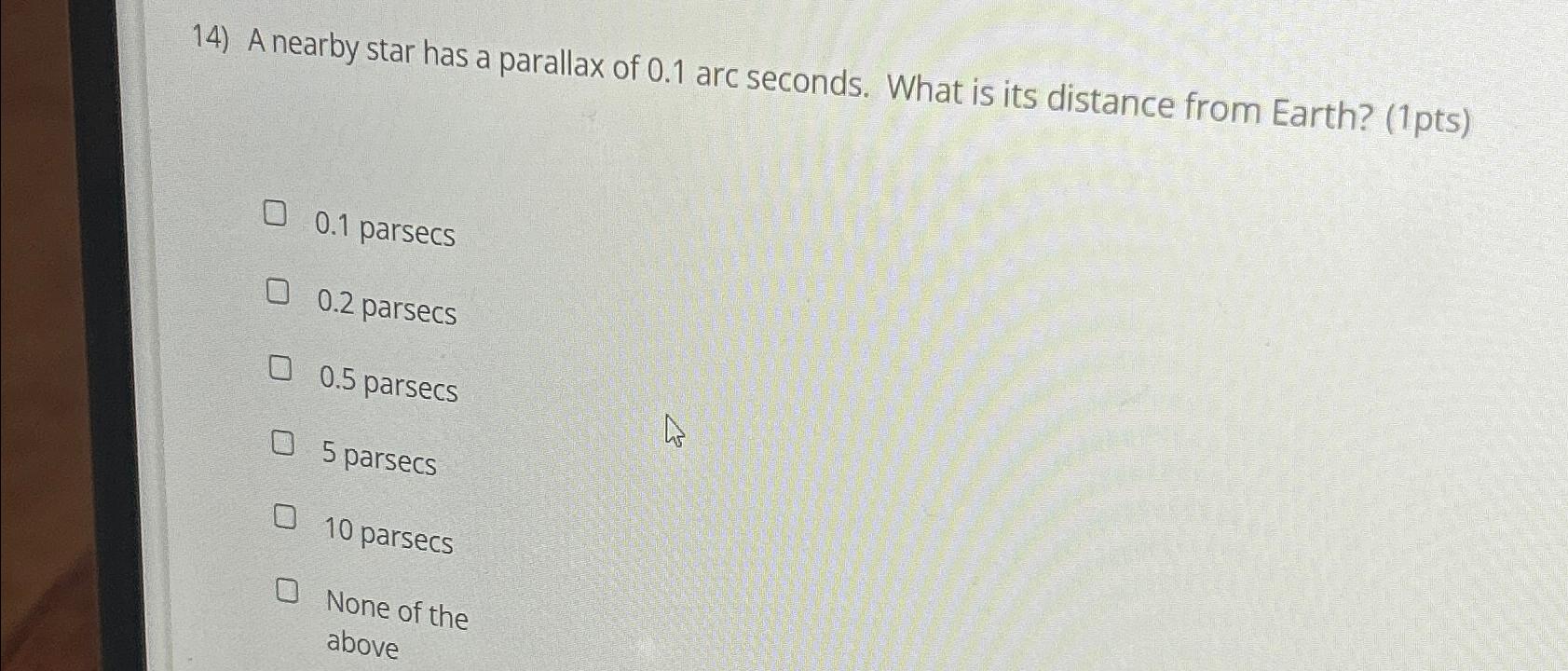 Solved A nearby star has a parallax of 0.1 ﻿arc seconds. | Chegg.com