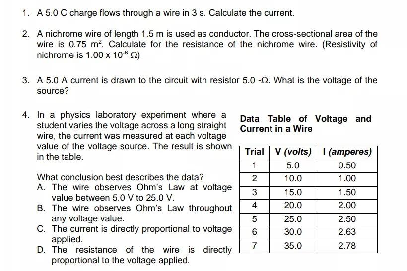 Solved 1. A 5.0 C charge flows through a wire in 3 s. | Chegg.com