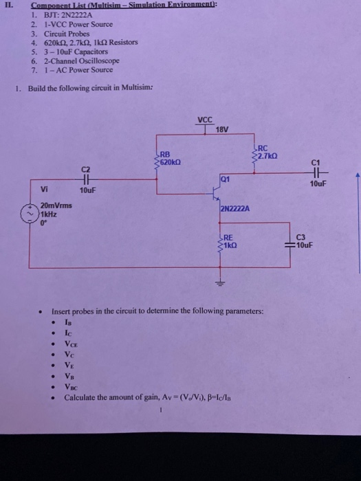 Solved II. Component List Multisim-Simulation Environment: | Chegg.com