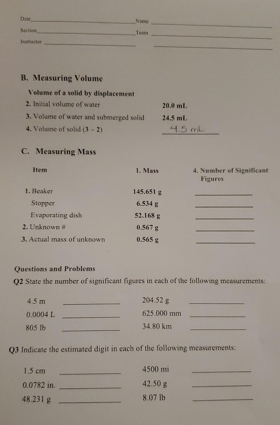 Solved Date Name Section Team Instructor B. Measuring Volume | Chegg.com