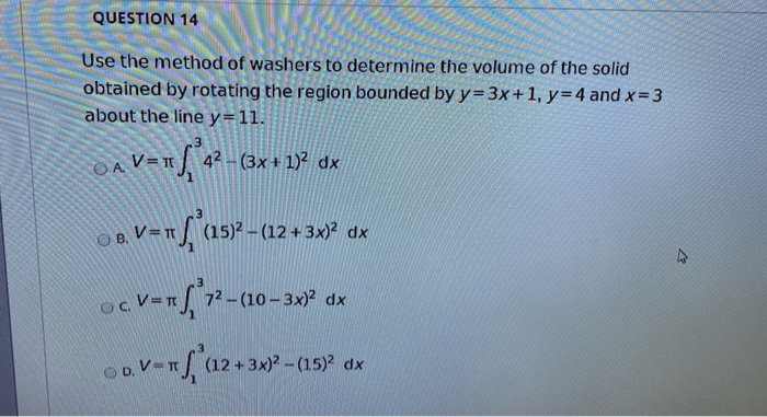 Solved QUESTION 14 CA Use the method of washers to determine | Chegg.com