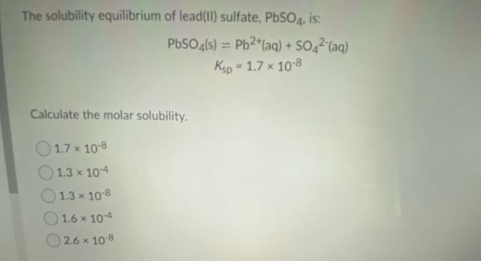 Solved The solubility equilibrium of lead(II) sulfate, | Chegg.com