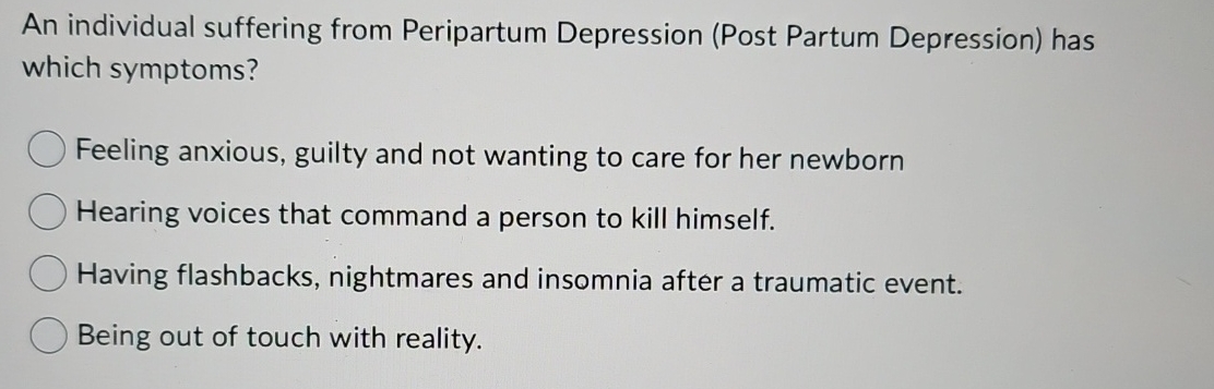 Solved An individual suffering from Peripartum Depression | Chegg.com