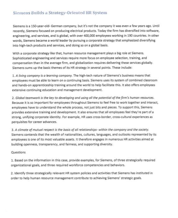 Solved Siemens Builds a Strategy-Oriented HR System Siemens | Chegg.com