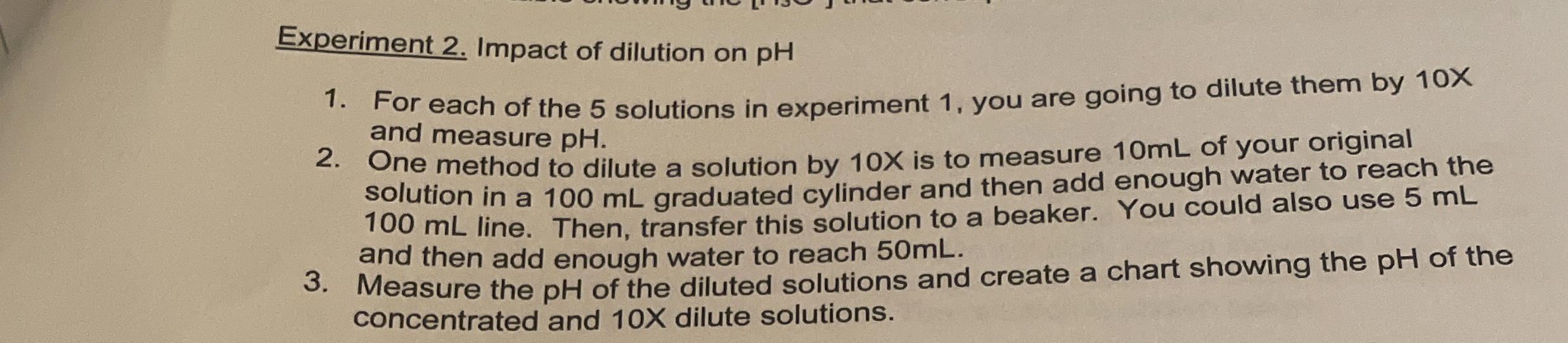 Solved Experiment 2. ﻿Impact of dilution on pHFor each of | Chegg.com