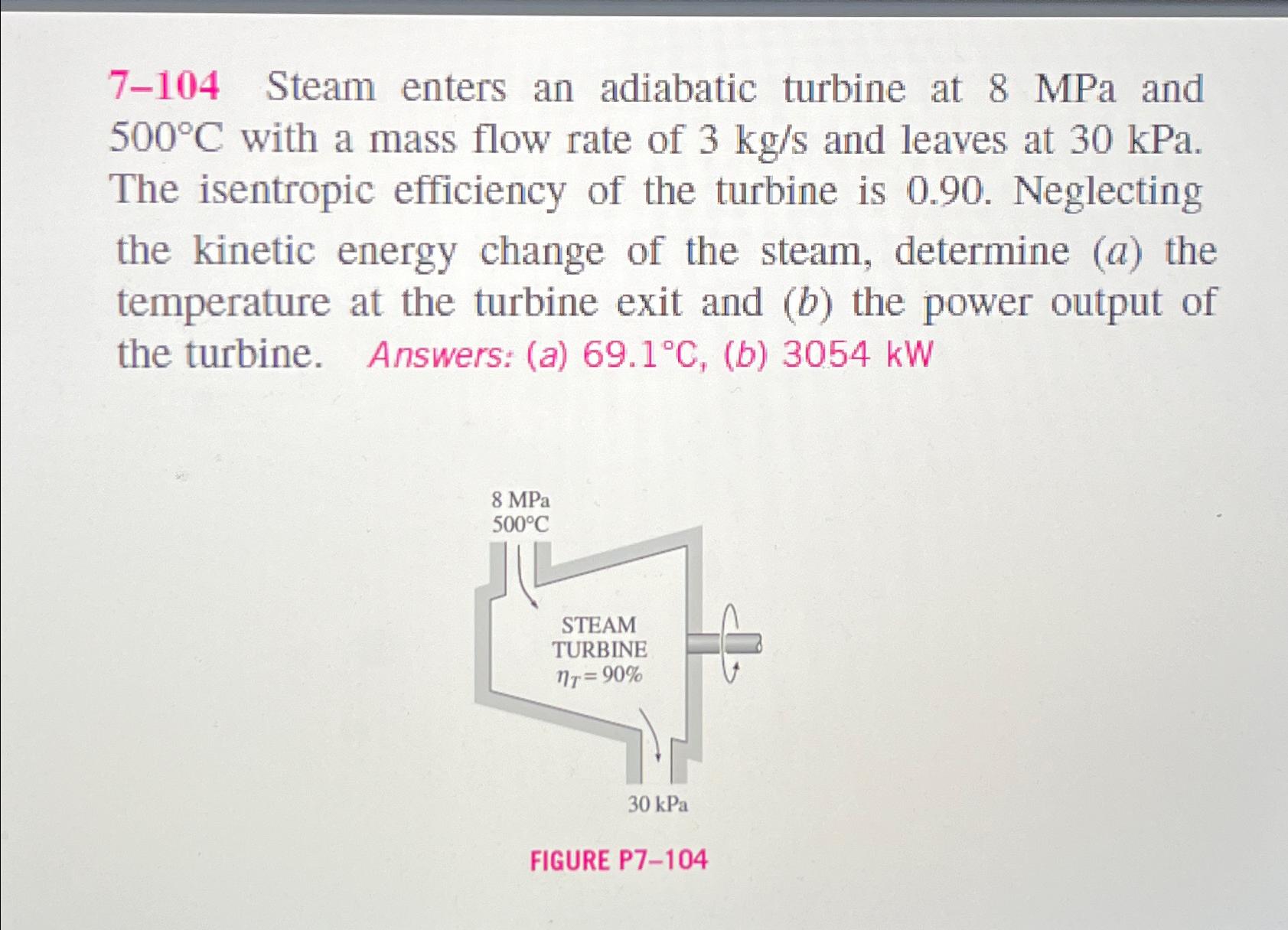 Solved 7-104 ﻿Steam enters an adiabatic turbine at 8MPa and | Chegg.com
