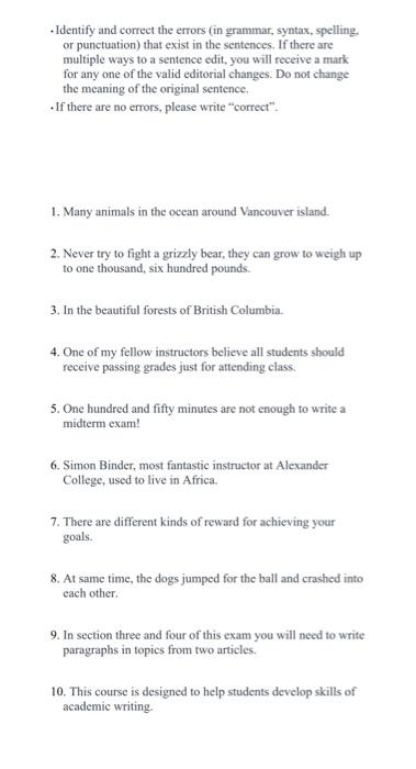 Identify and correct the errors (in grammar, syntax, | Chegg.com