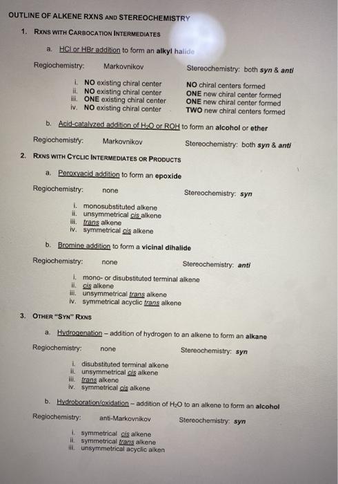 Solved OUTLINE OF ALKENE RXNS AND STEREOCHEMISTRY 1. RXNS | Chegg.com