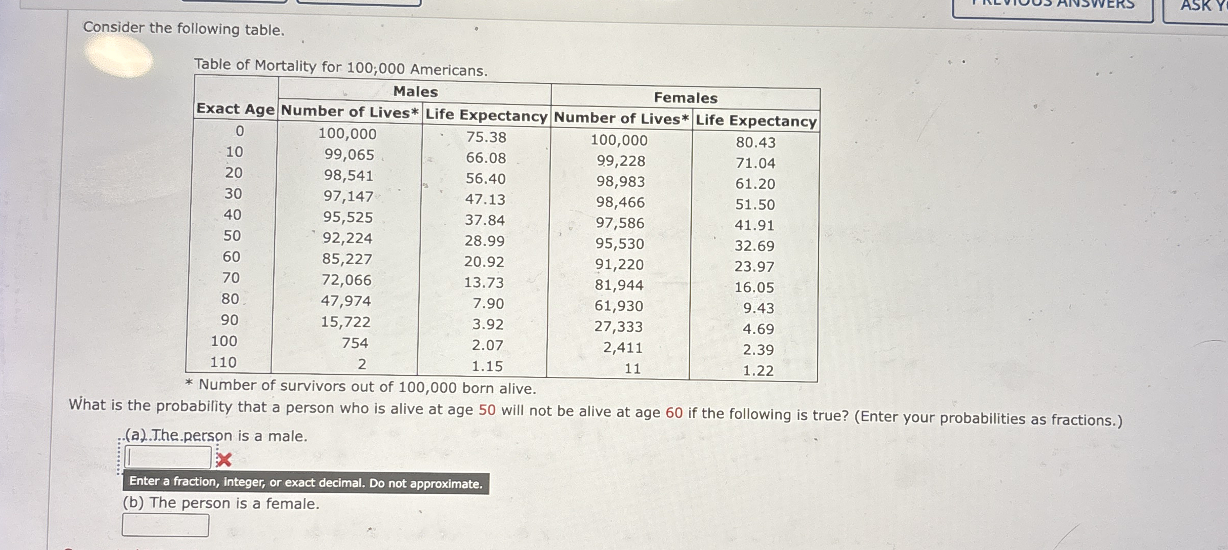 Consider the following table.Table of Mortality for | Chegg.com