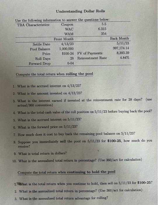 Understanding Dollar Rolls Compute the total return | Chegg.com