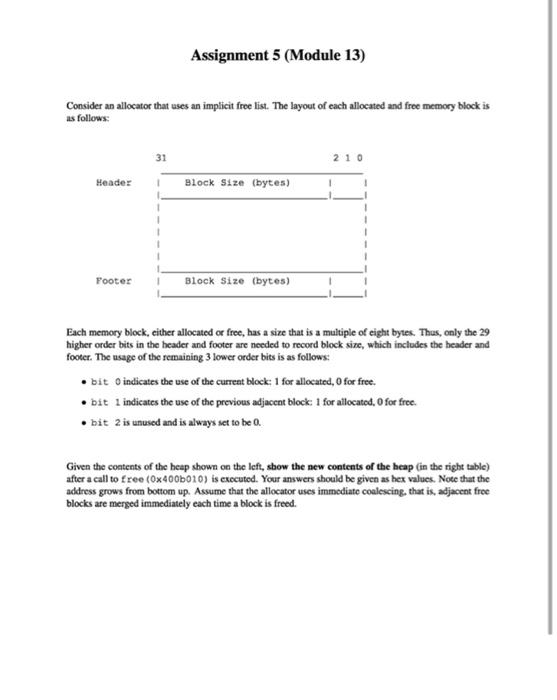 Assignment 5 (Module 13) Consider an allocator that | Chegg.com