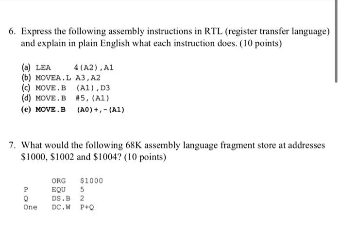 Solved 6. Express the following assembly instructions in RTL | Chegg.com