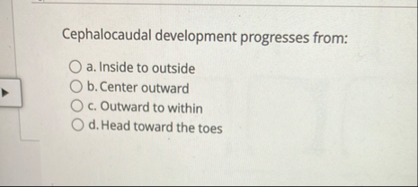 Solved Cephalocaudal development progresses from:a. ﻿Inside | Chegg.com