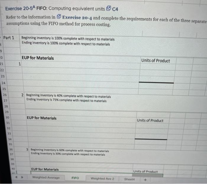 Solved Exercise 20-5A FIFO: Computing equivalent units @ c4 | Chegg.com