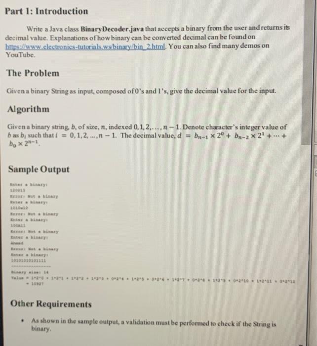 Solved Part 1: Introduction Write a Java class Binary | Chegg.com