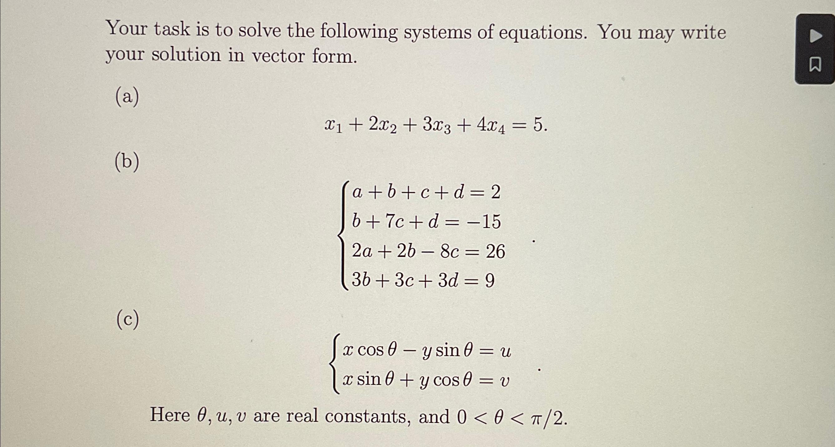 Solved Your task is to solve the following systems of | Chegg.com