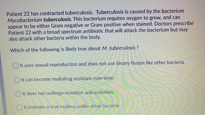Solved Patient 22 has contracted tuberculosis. Tuberculosis | Chegg.com