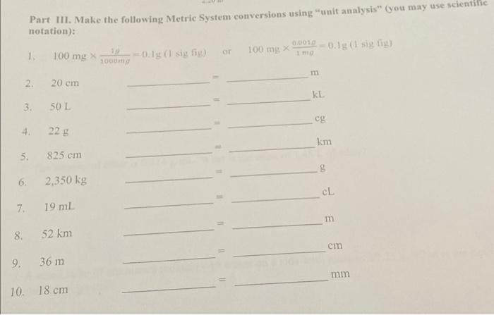 Solved Part III. Make the following Metric System | Chegg.com