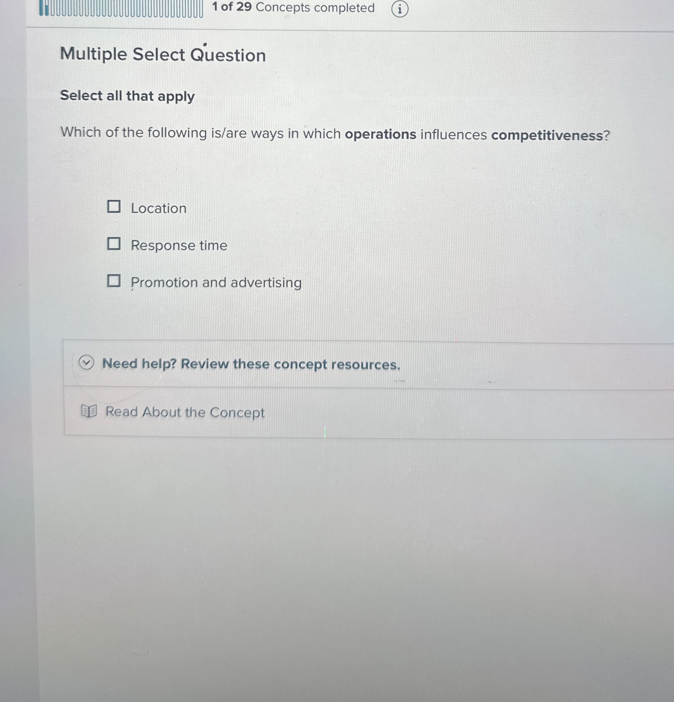 Solved 1 ﻿of 29 ﻿Concepts completed(i)Multiple Select | Chegg.com