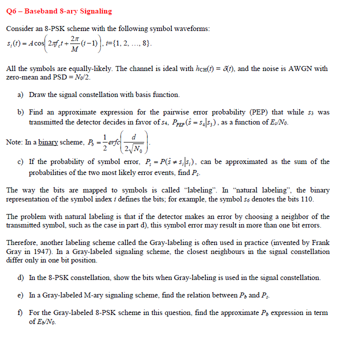 Q6 - ﻿Baseband 8-ary SignalingConsider an 8-PSK | Chegg.com