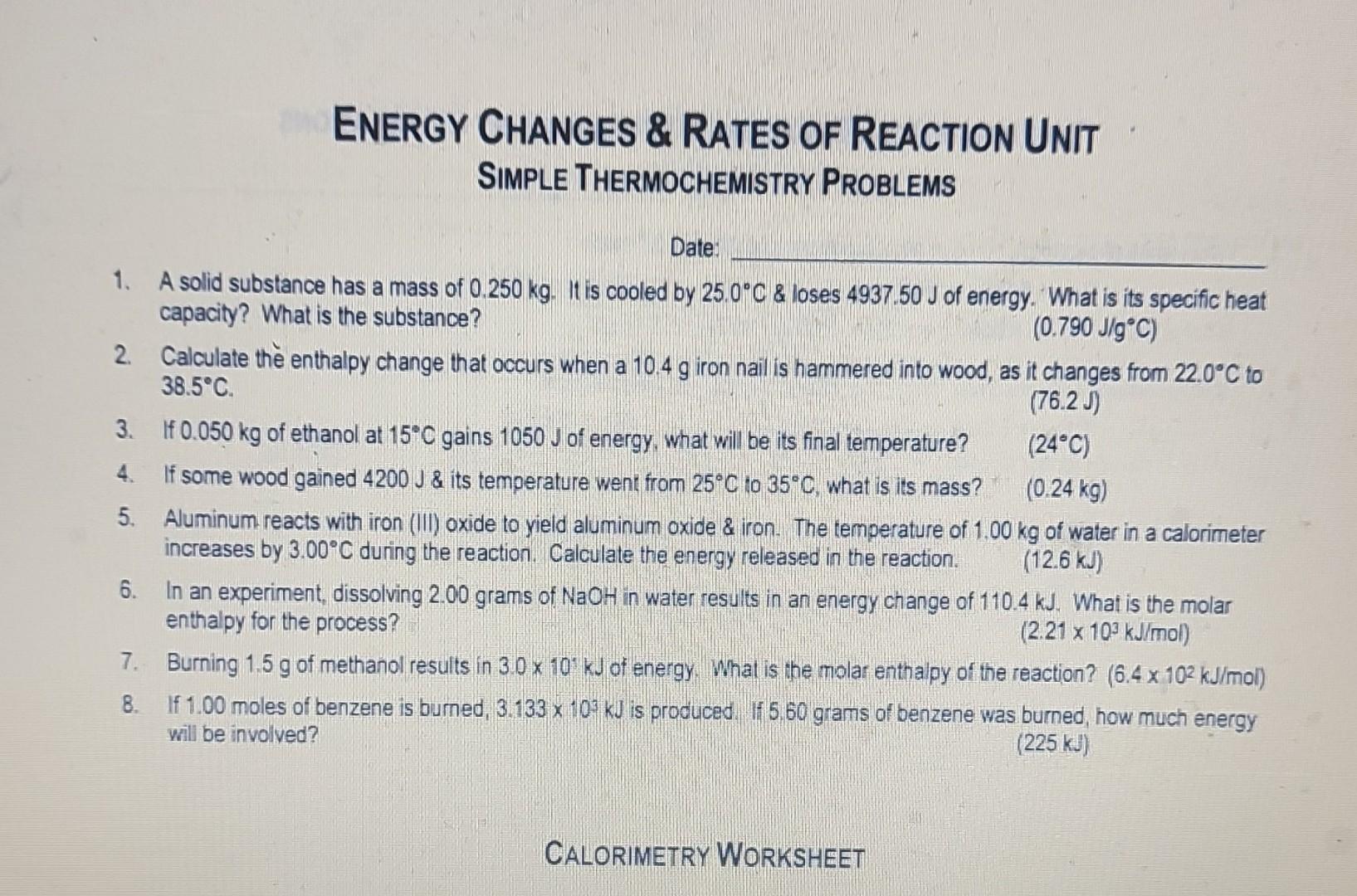 Solved Phase Change Thermochemistry Problems Date: 1. | Chegg.com