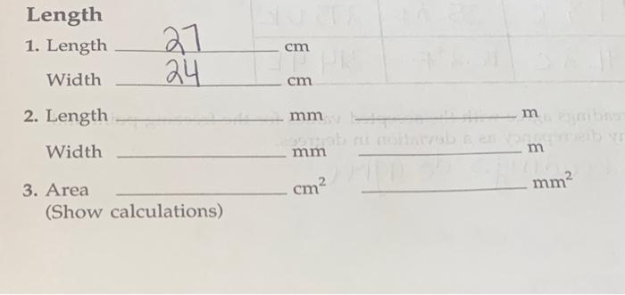 Solved Length 1. Length Width 24 cm 2. Length mm m Width mm | Chegg.com