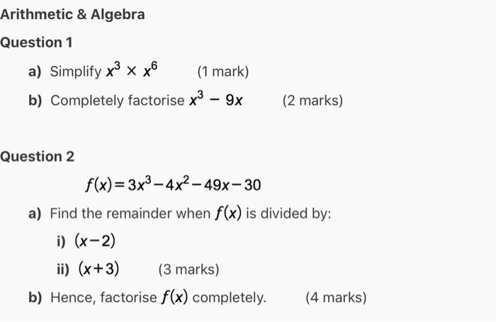 Solved Arithmetic \& Algebra Question 1 a) Simplify x3×x6 (1 | Chegg.com