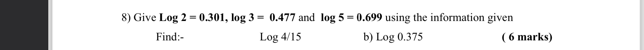 Solved Give log2=0.301,log3=0.477 ﻿and log5=0.699 ﻿using the | Chegg.com