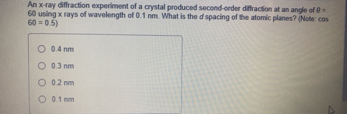 Solved An X-ray diffraction experiment of a crystal produced | Chegg.com