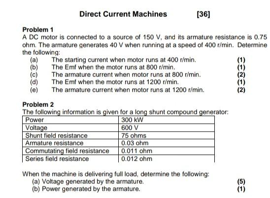 Solved Direct Current Machines [36] Problem 1 A DC motor is | Chegg.com
