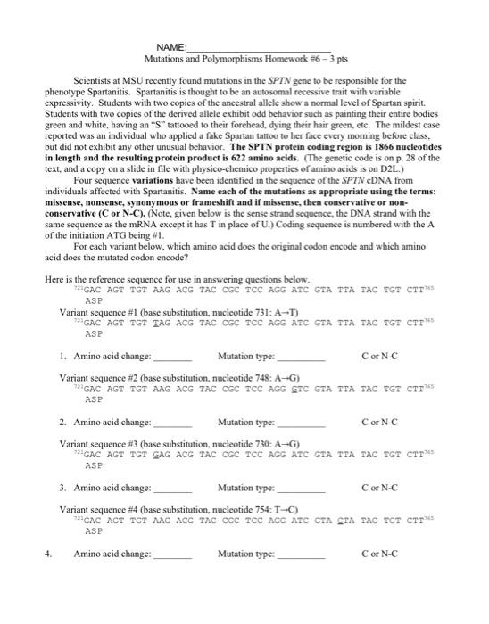 Solved NAME: Mutations and Polymorphisms Homework =6−3 pts | Chegg.com