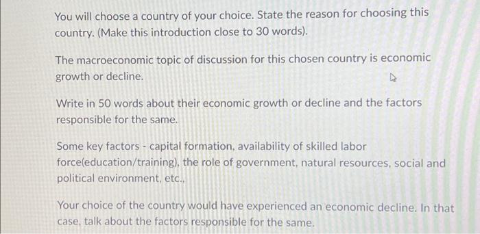 Solved You will choose a country of your choice. State the | Chegg.com