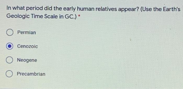Solved In what period did the early human relatives appear? | Chegg.com