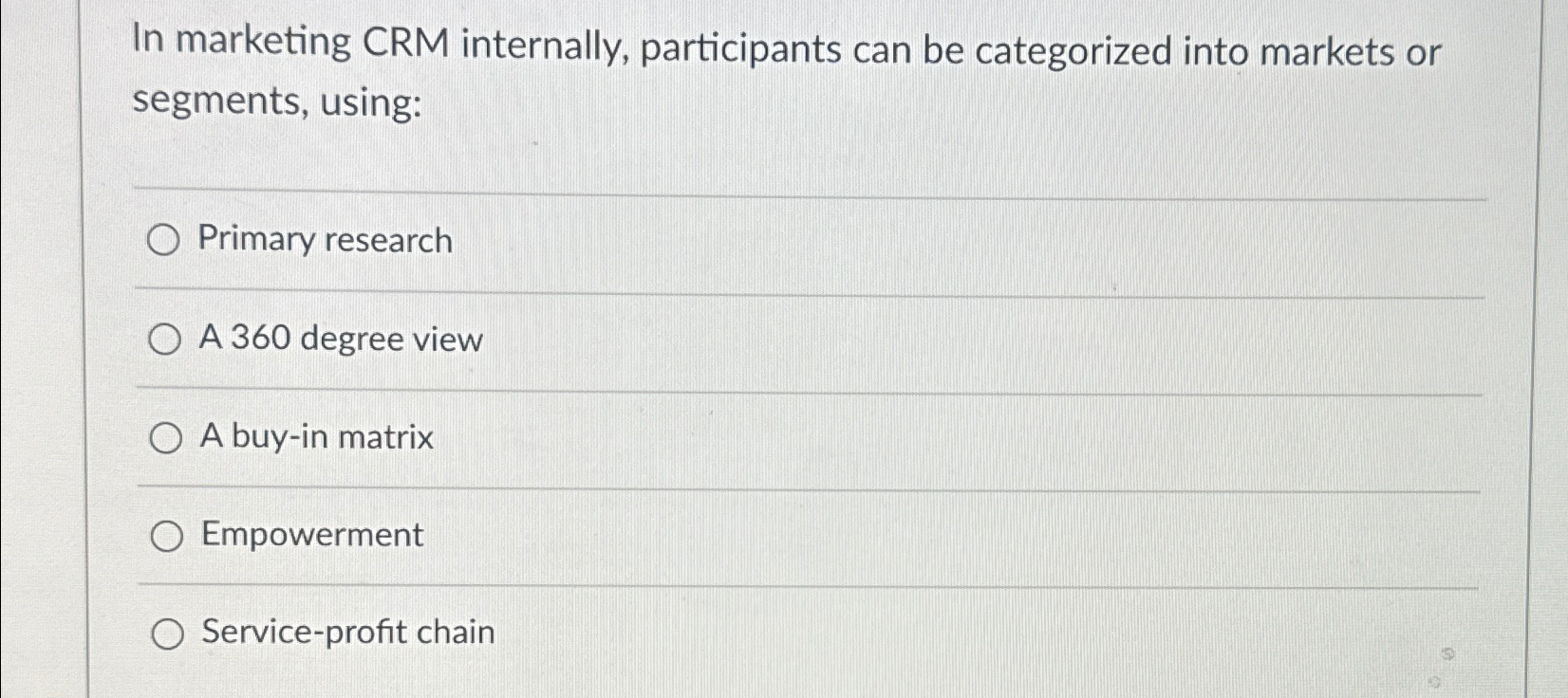 Solved In marketing CRM internally, participants can be | Chegg.com