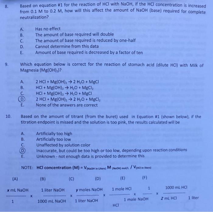 Solved 8 Based On Equation 1 For The Reaction Of Hcl With