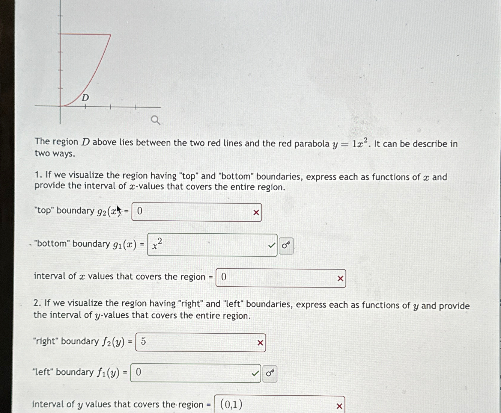 Solved The region D ﻿above lies between the two red lines | Chegg.com