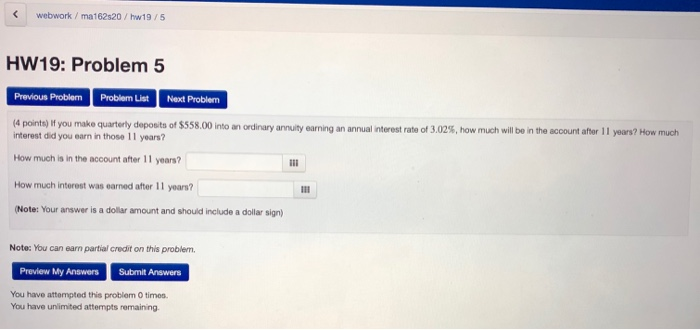 Solved webwork / ma 162520/ hw19/5 HW19: Problem 5 Previous | Chegg.com