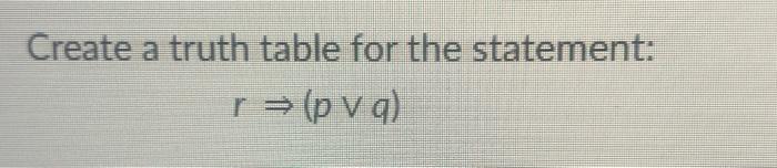 Solved Create a truth table for the statement: r⇒(p∨q) | Chegg.com