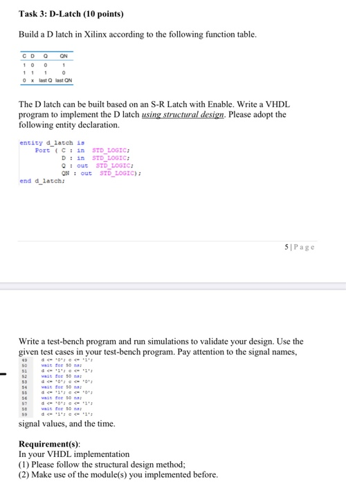 Solved Task 3: D-Latch (10 points) Build a D latch in Xilinx | Chegg.com