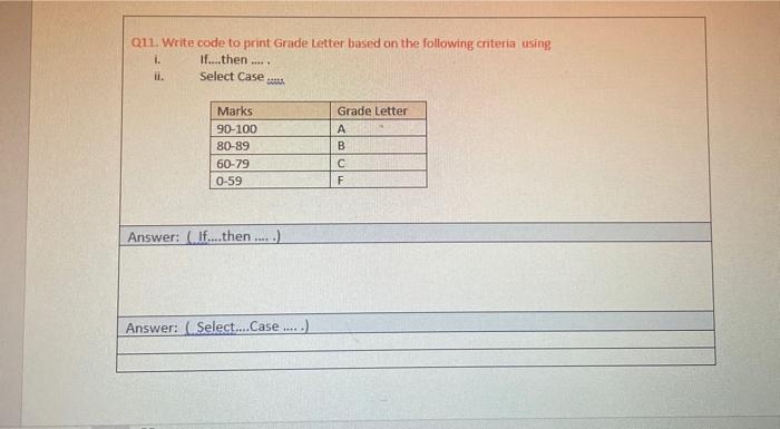Solved Q11. Write code to print Grade Letter based on the | Chegg.com