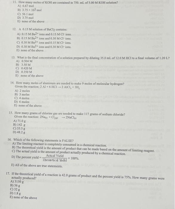 Solved 11. How many moles of KOH are contained in 750, mL of | Chegg.com