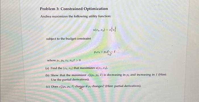 Solved Problem 3: Constrained Optimization Andrea maximizes | Chegg.com