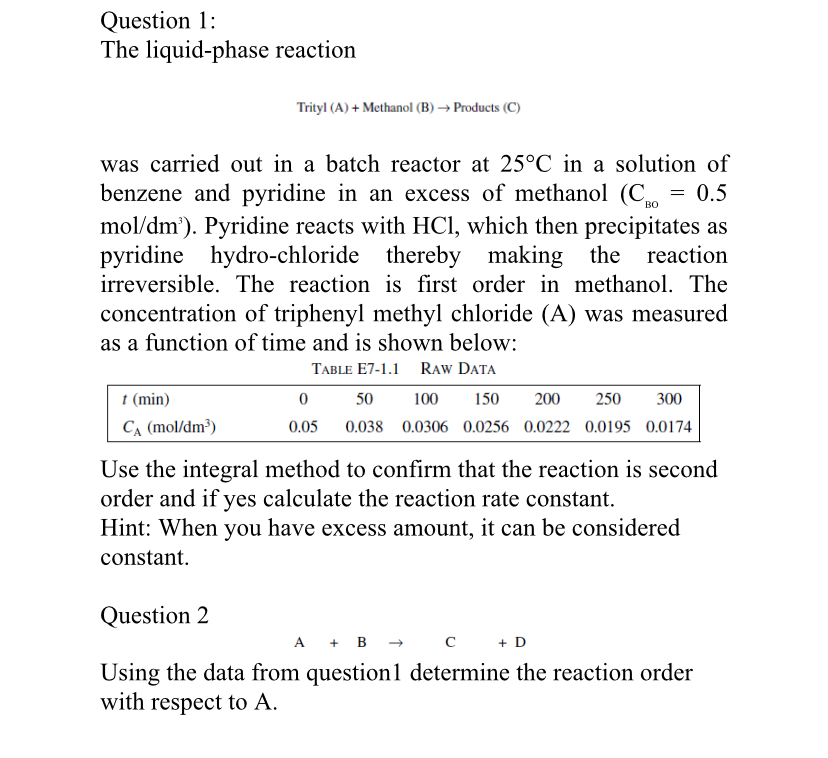 Solved Question 1:The liquid-phase reactionTrityl (A) + | Chegg.com