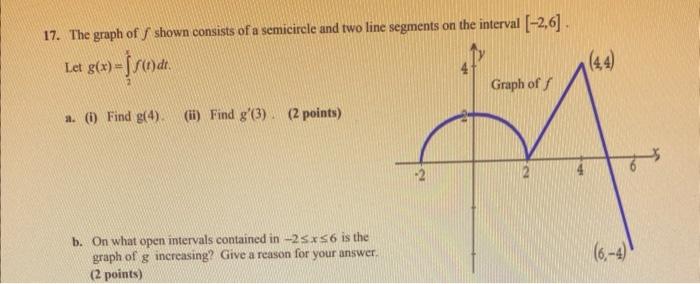 Solved 17. The graph of f shown consists of a semicircle and | Chegg.com