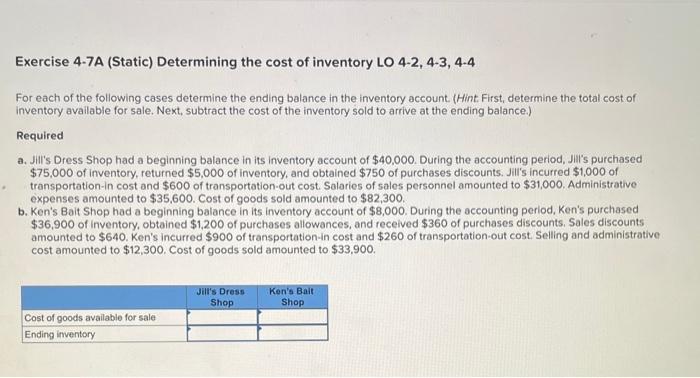 Solved Exercise 4-7A (Static) Determining the cost of | Chegg.com