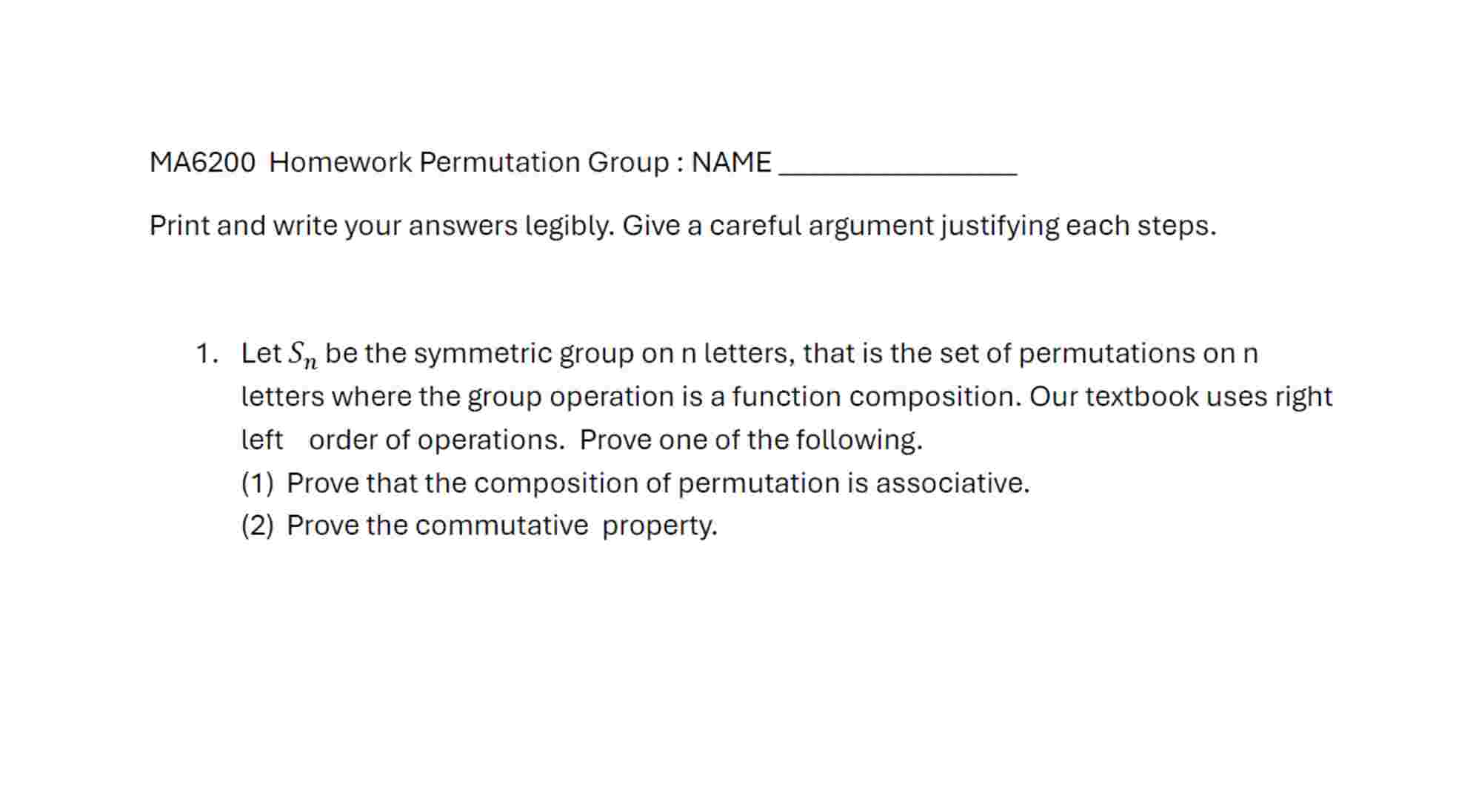 Solved MA6200 ﻿Homework Permutation Group : NAME Print and | Chegg.com