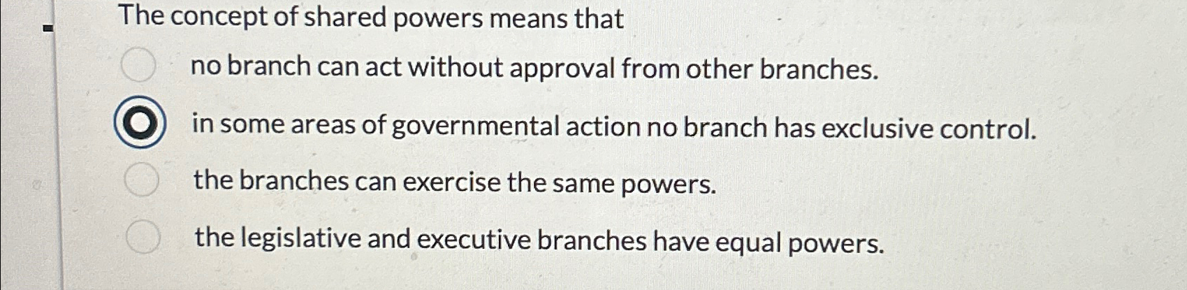 Solved The concept of shared powers means thatno branch can | Chegg.com