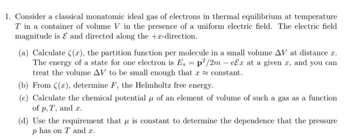 Solved 1 Consider A Classical Monatomic Ideal Gas Of